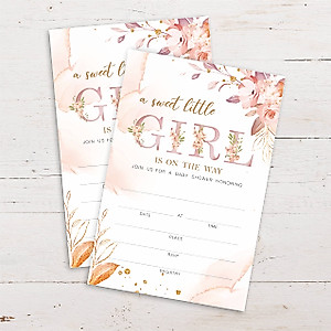 Baby Shower Invitation Cards With Envelopes, Flush Pink Boho Floral Baby Gender Reveal Party Supplies, Baby Shower Decorations For Girl, Invites for Baby Showers and Parties - Pack of 25(YQK-042)