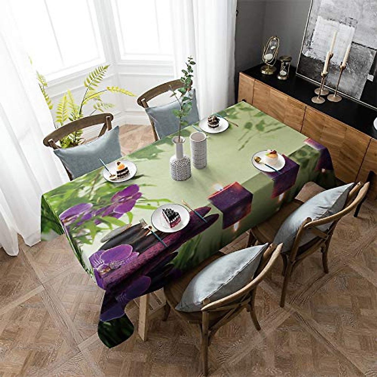Cotton Linen Tablecloth Zen Spa Wrinkle-Free Table Cloth Cover Butterfly Orchid Zen Basalt Stones Candle Purple Table Decorative for Wedding Dinning Party Banquet Tabletop Rectangle/Oblong, 54"Wx87"L