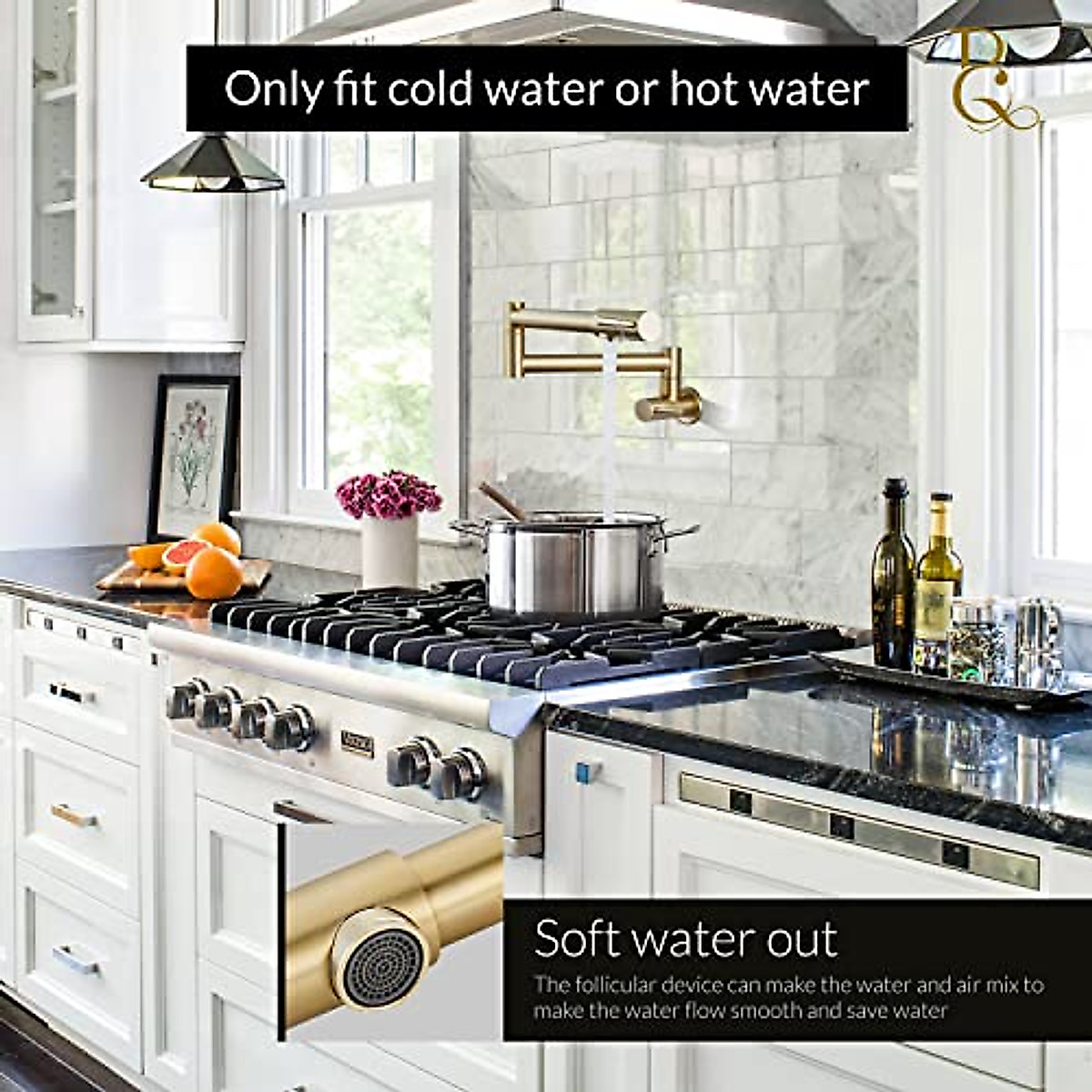 Brassqueen Wall Mounted Pot Filler Kitchen Faucet, Brushed Gold Finish, 2.2 GPM, 15 L/min, 1/2 NPT Connecting Thread, Stainless Steel Core, Dual Ceramic Valves, Anti-Scratch Matte Plating