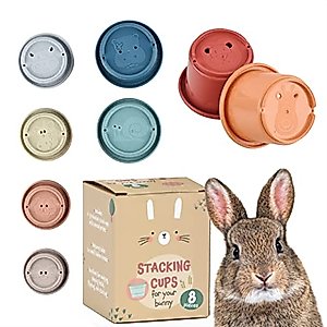 Evergreen Pet Supplies 8 PC Stacking Cups for Rabbits- Wheat Straw Toys with Cute Animal Designs - Bunny Stacking Cups to Play with Rabbits - Nesting Toys to Keep Busy-Graduated Sized Stackable Toys