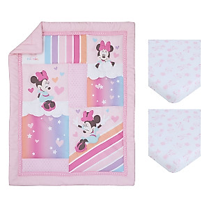 Disney Minnie Mouse Be Happy Pink Rainbow, Stars, and Clouds 3 Piece Nursery Mini Crib Bedding Set - Comforter and Two Fitted Mini Crib Sheets
