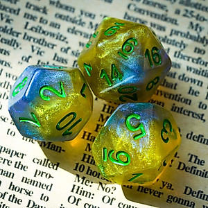 Cusdie 7-Die Resin DND Dice, Polyhedral Dice Set, for Role Playing Game Dungeons and Dragons D&D Dice MTG Pathfinder (Yellow/Blue Green Numbers)