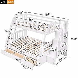 BIADNBZ Twin-Over-Full Bunk Bed with 3 Drawers, Storage Staircase and Ladder, Convertible 2 in 1 Wood Bedframe for Bedroom, Dorm, for Teens, Adults, White