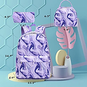 Jumpopack 3 Pcs Girls Backpack Lightweight Waterproof Girls Backpack with Lunch Box 16inch Laptop Sleeve Backpack for Teen Girls School Backpack School Bag Bookbag (Marble Purple)
