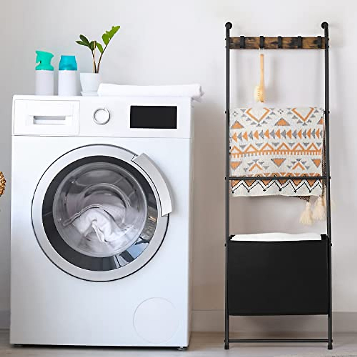 Blanket Ladder with Basket Towel Ladder Blanket Holder with Storage Basket 4 Tier Farmhouse Wall Leaning Ladder Rack with 5 Hanging Hooks for Bathroom Living Room Bedroom Rustic Brown