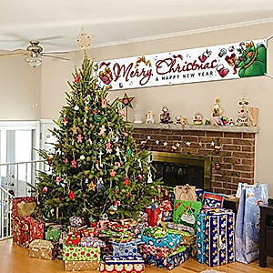 Large Merry Christmas Banner Xmas Outdoor Decorations Double Printed Happy New Year Cute Presents 120" x 20" Huge Yard Sign Holiday Party Supplies Backdrop Home Decor Ornaments for Garden House Fence Garage Indoor Gifts