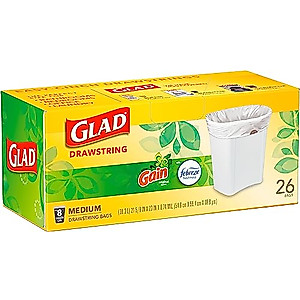 Glad Medium Drawstring Trash Bags, 8 Gal, Gain Original Scent with Febreze, 26 Ct, Pack May Vary