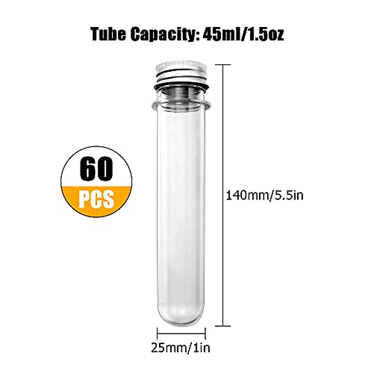 60 Pcs Plastic Test Tubes with Caps, HommyPrefer 25x140MM (45ML) Clear Test Tubes, Tube Container Vials with Good Seal for Scientific Experiments, Candy Storage, Jewelry, Party Favors or Decoration