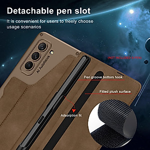 DEMCERT for Samsung Galaxy Z Fold 5 Case with [Fold5 Edition S-Pen Slot], Military Armor Cases Full Body Protective Anti-Scratch Hard Slim Leather Bracket Case with Screen Protector (Brown)