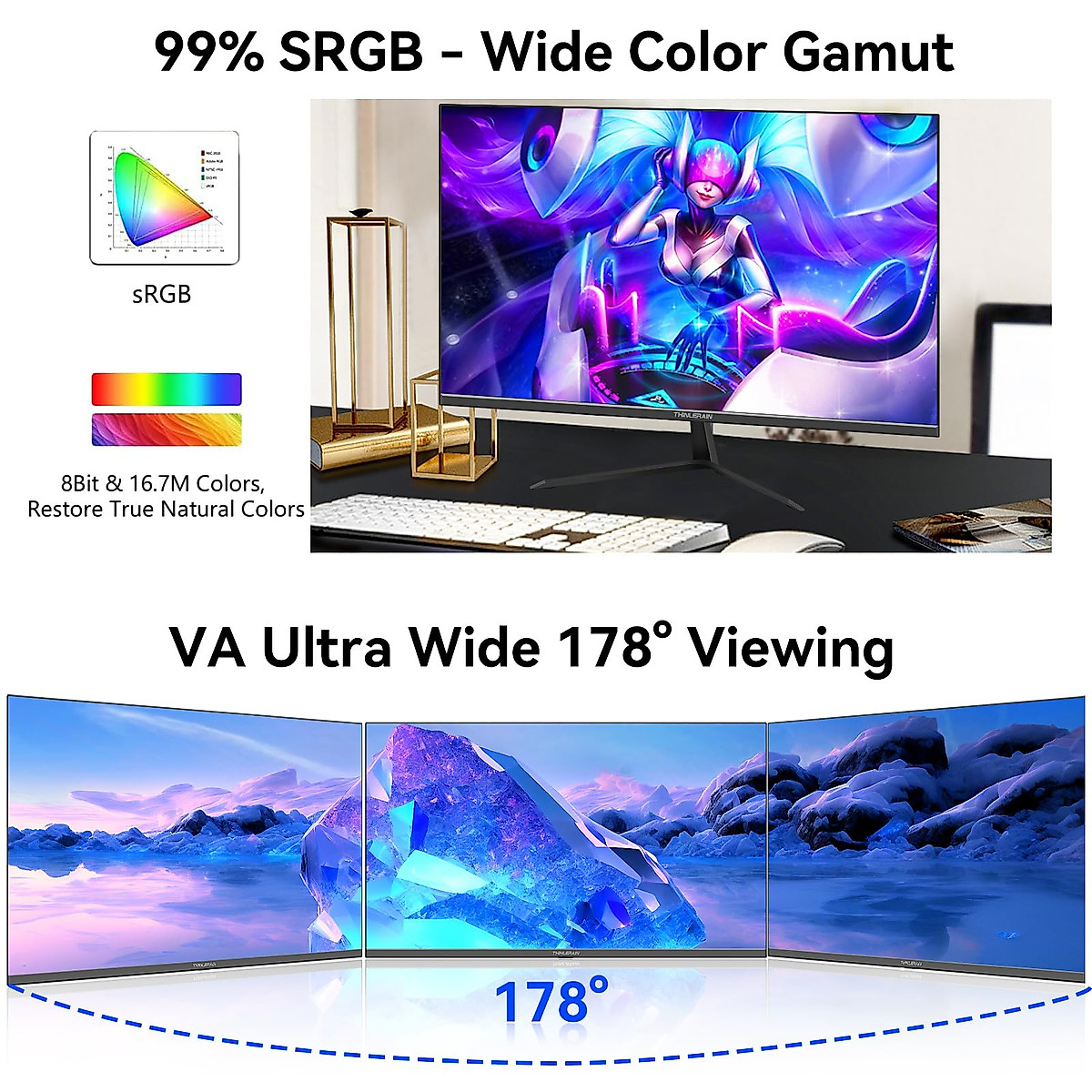 Thinlerain 21.5 inch pc Monitor, LED Monitor with Full HD (1920 x 1080) 75Hz 5MS VA Panel, Zero Frame Monitor Desk Monitor with HDMI & VGA Port, for Laptop Computer, Black