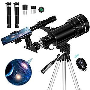 occer Telescopes for Adults Kids - Portable Telescope for Beginners for View Moon(15x-150x) - 70mm Aperture 300mm Lightweight Refracting Telescopes with Adjustable Tripod Moon Filter Wireless Remote