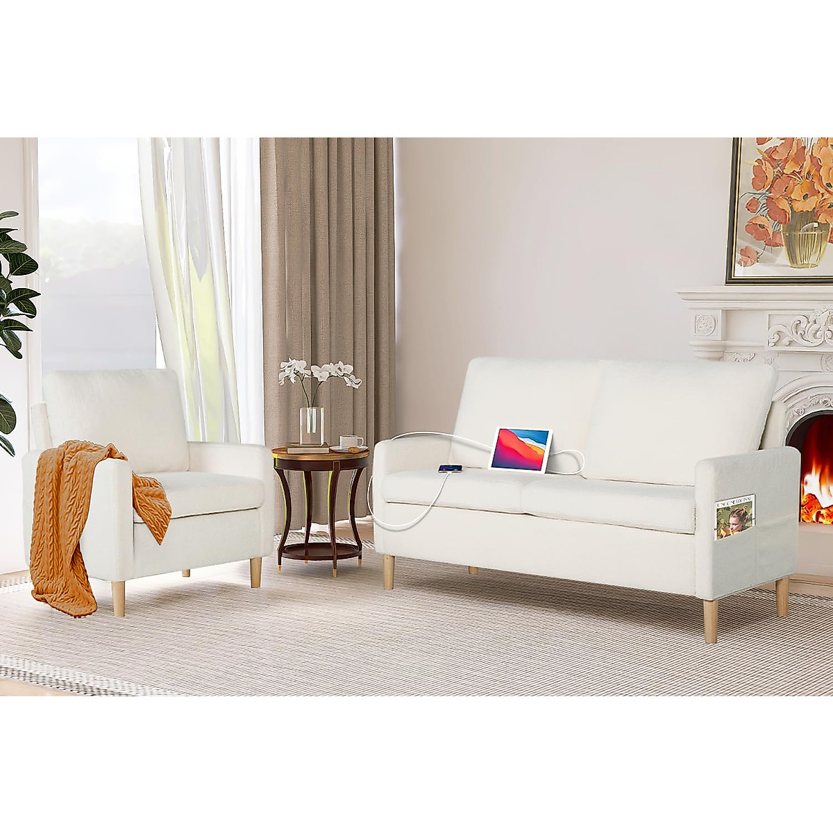 TYBOATLE Modern Living Room Sectional Sofa Sets 2 Piece, 55” W Upholstered Loveseat Couch w/ 2 USB Charging Ports and 2 Comfy Accent Arm Chairs for Small Space, Apartment, Office (Dark Grey)