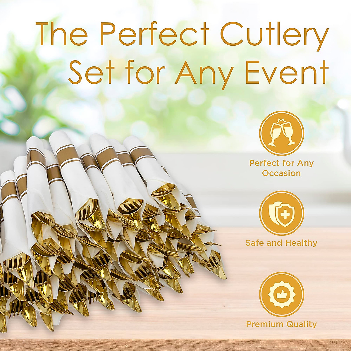 50 Gold Wrapped Plastic Cutlery Set with Napkin - By Zulzzy- Individually Pre Rolled Gold Silverware Disposable Ideal for Parties, Weddings, 50 Forks, Spoons & Knives with White Napkins