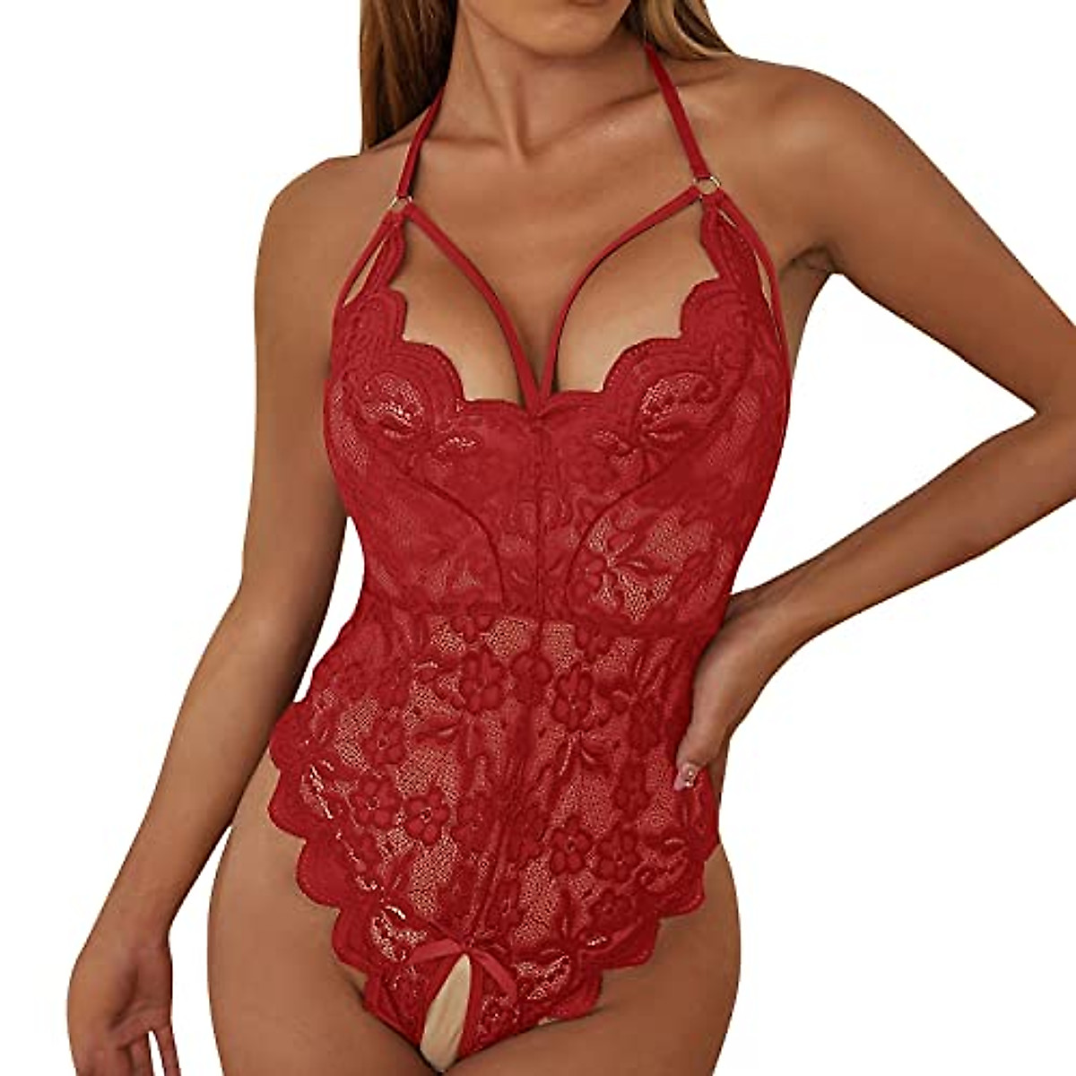 Aniywn Women Babydoll Lingerie Lace Chemise Sleepwear Dress Halter Neck Nightwear Teddy Dress Sexy Lace Onesie Pajamas Red