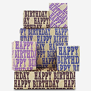 Happy Birthday Wrapping Paper for Men Boys Women Girls Adults Kids 3 Colors ''Happy Birthday'' Lettering Design Brown Birthday Gift Wrapping Paper 6 Sheets Folded Flat 20 X 28 Inches
