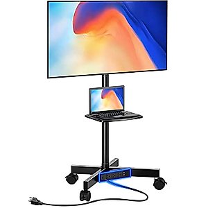 Greenstell TV Stand with Power Outlet, Mobile TV Cart on Wheels for 23-60 inch LED LCD Flat Curved Panel Screens TVs up to 88 lbs, Height Adjustable Rolling TV Stand with AV Shelf, Max VESA 400x400mm