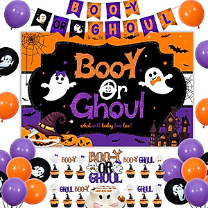 Halloween Gender Reveal Decorations, Booy or Ghoul Banner Backdrop, Orange and Purple Gender Reveal Decorations, Ghost Balloons for Halloween Baby Shower Decorations