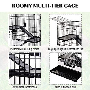 PawHut 43" H Small Animal Cage, 4-Level Bunny Cage with Rolling Stand, Chinchilla Cage with Doors, Slide-Out Tray, Black
