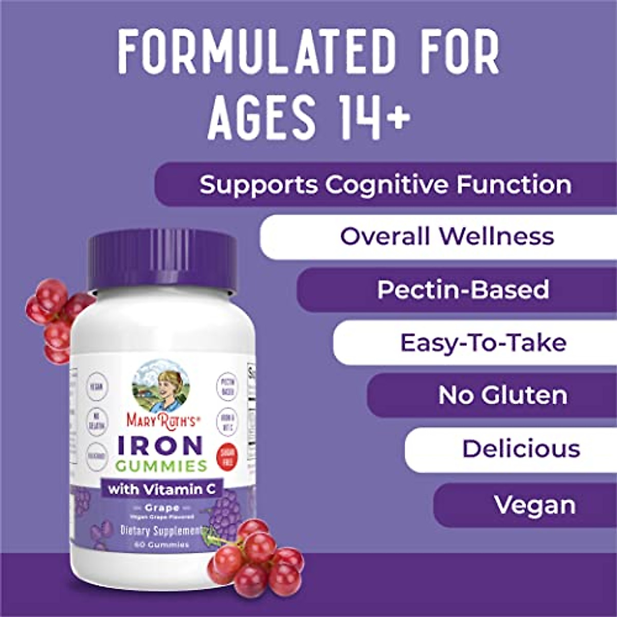 MaryRuth's Iron + Vitamin C Gummies for Adults | Sugar Free | Gummy Iron Supplements + VIT C for Ages 14+ | Iron Supplement for Iron Deficiency | Immune Support | Vegan | Non-GMO | 60 Count