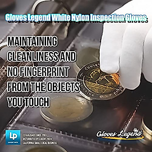 3 Pairs (12 Gloves) Gloves Legend White Inspection Gloves Nylon White Coin Jewelry Antiques Safety Working Gloves For Men - Size Large
