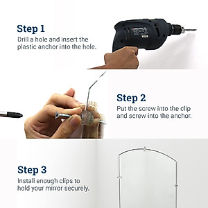 Clear Mirror Clips for Frameless Mirrors - Holds 1/4" Thick Glass - Pack of 20 Includes Anchors and Screws Kit