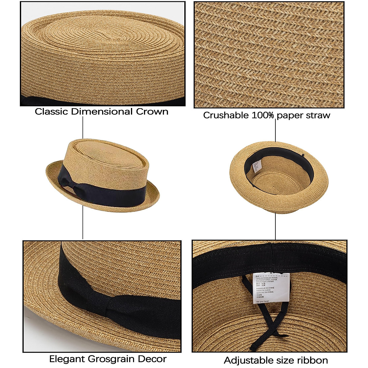 Pork-Pie-Hat-for-Men-Women Straw-Boater-Hat Summer-Sun-Derby-Fedora with Bowknot