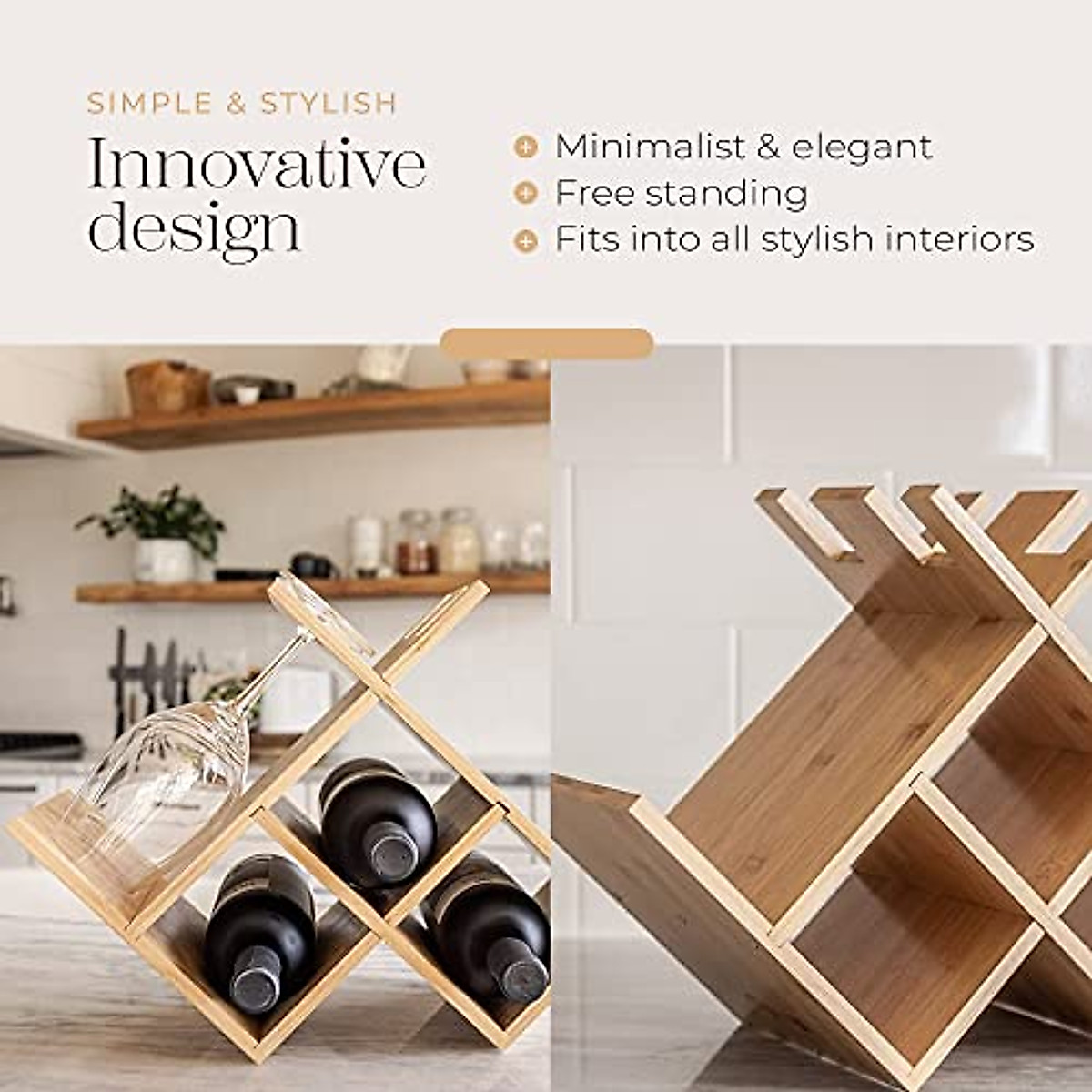 REHAU Wood Wine Racks Countertop with Glass Holder (4) – Sturdy Bamboo Wine Rack, 3 Wine Bottle Holder – Small Wine Holder Stand, Wooden Wine Rack Countertop – Small Wine Rack with Glass