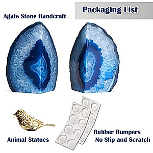 Yougoals Blue Agate Bookends for Shelves, Geode Crystal Book Ends for Heavy Books, Stone Decor with Rubber Bumpers 1 Pair 3-3.8LBS Home Decorative Unique