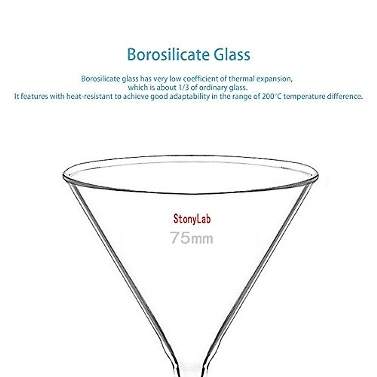 StonyLab 2-Pack Glass Heavy Wall Funnel Borosilicate Glass Funnel, Short Stem 75mm Diameter, 75mm Stem Length