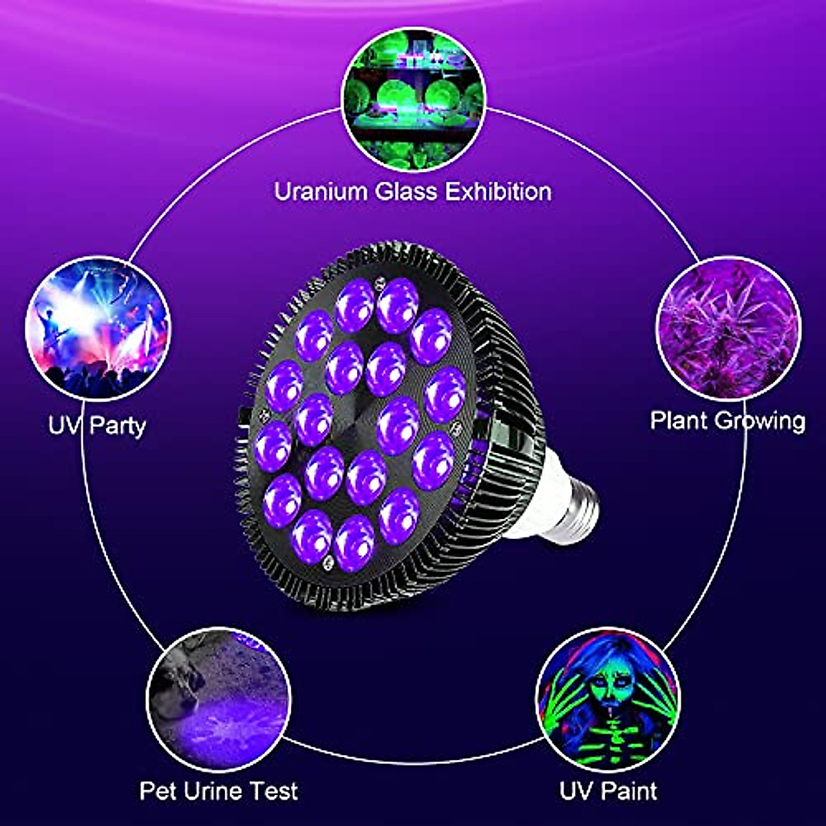 KINGBO Black Light Bulbs, 2 Pack 36W LED Blacklight Bulbs E26 PAR38 Glow in The Dark, UV Black Bulb 395nm LEDs for Blacklight Party, Fluorescent Art, Holiday Decorations, Acrylic Pouring Light