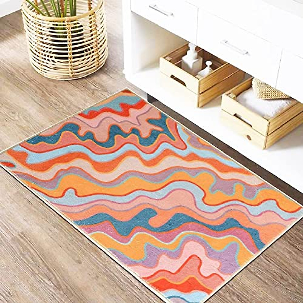 Vintage Abstract Area Rug 3x5 Faux Wool Accent Rug Soft Non-Slip Aesthetic Geometric Bedroom Rug Machine Washable Floor Mat Carpet for Bedroom Living Room