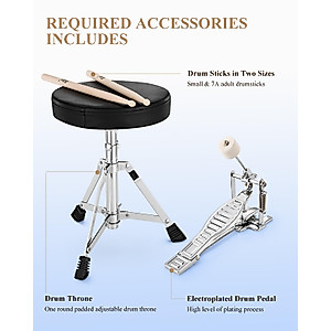 Drum Set Eastar 14 '' Drum Kit for Kids Beginners, 3-Piece with Adjustable Throne, Cymbal, Pedal & 2 Pairs of Drumsticks, Junior Drum Set with Bass Tom Snare Drum, Mirror Blue