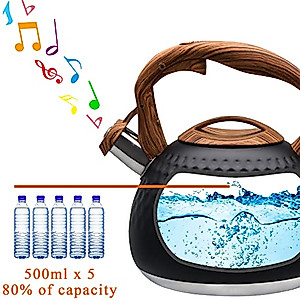 GGC Tea Kettle for Stove Top, Loud Whistling Kettle for Boiling Water Coffee or Milk, 2.7 Quart 3L Heavy Stainless Steel Black Kettle with Wood Pattern Handle, Unique Button Control Kettle Outlet