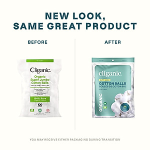 Cliganic Organic Super Jumbo Cotton Balls (200 Count) - Hypoallergenic, Absorbent, Large Size, 100% Pure (Packaging May Vary)