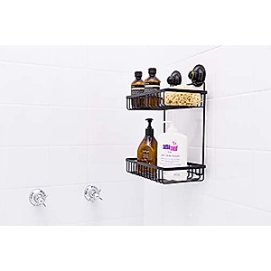 KiahLoc Patented Yellow Ring Indicator Suction Cup Double Rectangular Shelf, Removable Wall Vacuum Holder for Smooth Tile, Glass and Mirror, ABS Hook Cup Hold up to 22lb (Black)