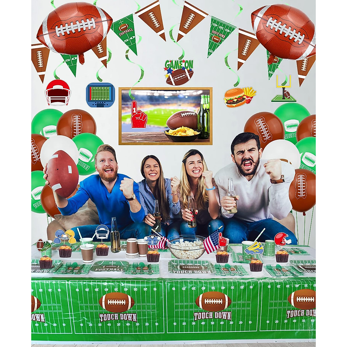 Football Theme Party Supplies,Including Birthday Banner, Football Silicone Bracelet, Hanging Swirl, Plates, Cups, Napkins, Tableware, Tablecloth, Football Birthday Party Decorations, Serves 20