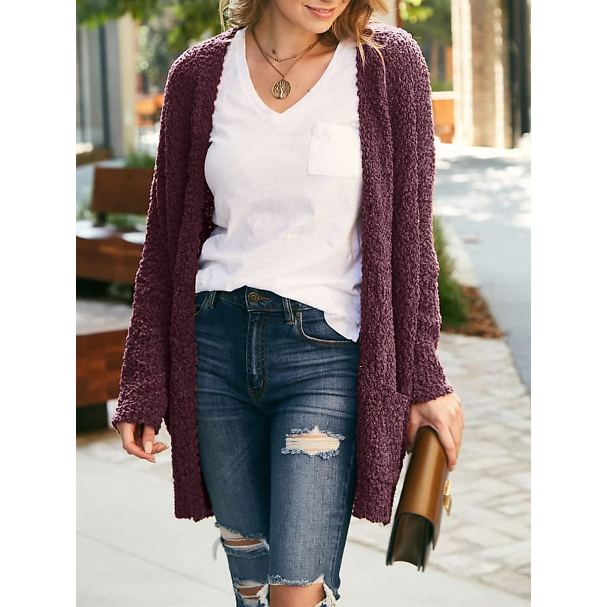 ZESICA Women's Fall Casual Long Sleeve Open Front Soft Chunky Knit Sweater Cardigan Outerwear,Maroon,Small