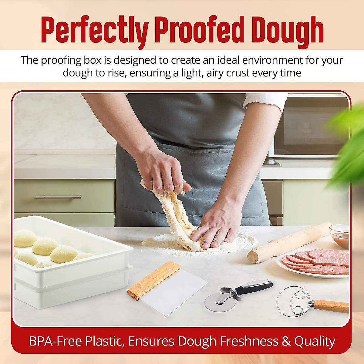 YAANI Pizza Dough Proofing Box Set, Pack of 2 Stackable Bread Proofing Box with Lids, Pizza Wheel, Dough Whisk, Dough Scraper, Perfect for Pizza Dough, Sourdough, Food Storage Container