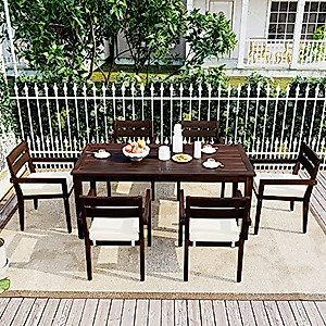 KELRIA Outdoor Dining Table 7-Piece Acacia Wood Tabletop and 6 Comfy Cushion Chairs Conversation Sets Suitable for Patio, Balcony, Courtyard, Poolside, Or Backyard, Dark Brown, Espresso