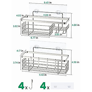 PARAKE Shower Caddy Organizer with Soap Holder, 2-Pack SUS304 Stainless Steel Shower Shelves, Self Adhesive Rustproof Shower Caddy with Hooks, for Bathroom Shampoo Soap Storage Kitchen Rack, Silver
