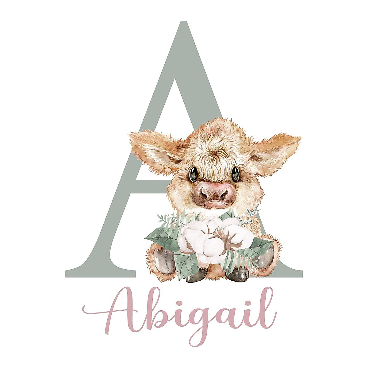 Personalized Watercolor Highland Cow Sage Green and Dusty Rose Rustic Cotton Farmhouse Baby Nursery Unframed Print