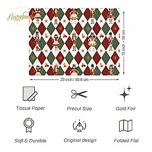 Nicrolandee Christmas Wrapping Tissue Paper, 24 Sheets Vintage Christmas Green Red Tissue Paper, Foil Gold Snowflake Gift Wrap Present Paper for Xmas New Year Holiday Birthdays Wedding, 20 X15 Inches