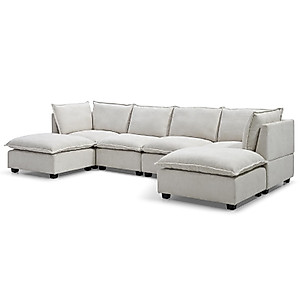 KIVENJAJA 130”W Oversized U-Shaped Down Filled Sectional Couch, 6 Seater Comfy Modular Cloud Sofa with 2 Ottomans, Modern Sleeper Sofa for Living Room, Linen Fabric, Beige