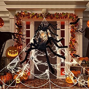 2023 Spider Webs Halloween Decorations with 200" Triangular Huge Spider Web, 2 Giant Spiders, 40ft Stretch Webs, Small Spiders, Hook and Stakes for Halloween Yard Haunted House Décor Indoor & Outdoor