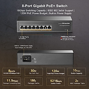MokerLink 8 Port Gigabit PoE Switch, 8 PoE+ Ports 1000Mbps, 802.3af/at 120W, Metal Fanless Unmanaged Plug and Play