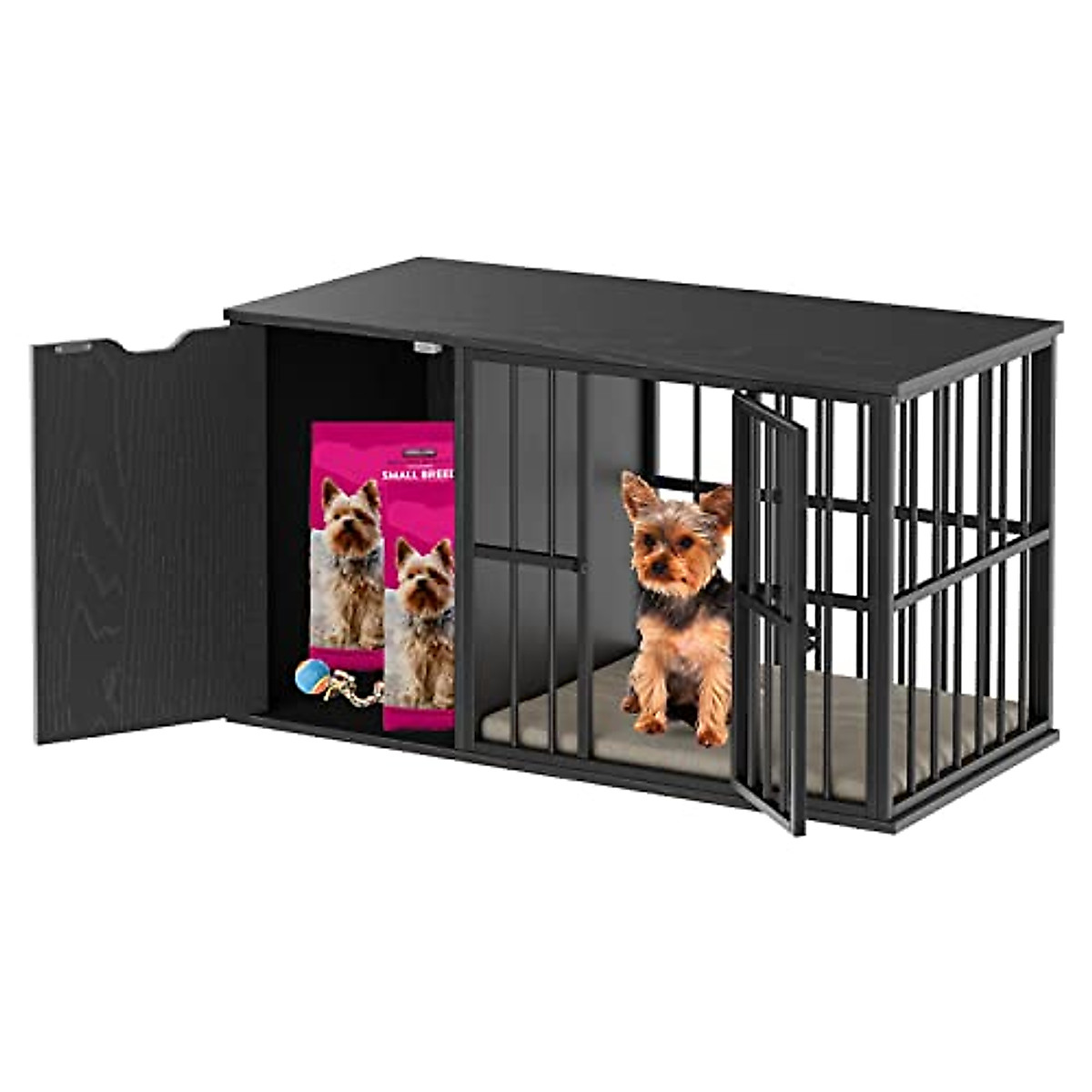 Dog Crate Furniture End Table, Wooden Dog Kennel with Cushion, Decorative Pet Crate House Cage Indoor for Small Medium Dogs, Black
