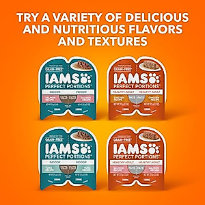 Iams Perfect Portions Indoor Adult Grain Free Wet Cat Food Pate Variety Pack, Salmon and Tuna Recipes, 2.6 oz. Easy Peel Twin-Pack Trays (12 Count, 24 Servings)
