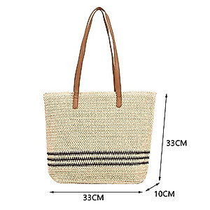 JQWSVE Straw Beach Bags Striped Tote for Women with Zipper Closure Soft Woven Straw Bag Summer Straw Shoulder Bag Purse for Beach Vacation
