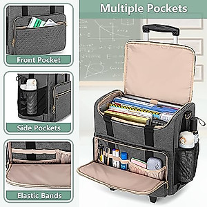 LUXJA Rolling Teacher Bag with Laptop Compartment and Detachable Dolly, Multifunctional Rolling Teacher Tote Bag (Patent Pending), Gray