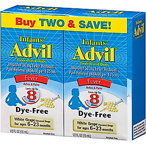Advil Infants' Fever Reducer/Pain Reliever Dye-Free, 50mg Ibuprofen Concentrated Drops (White Grape Flavor, 0.5 fl. oz. Bottle, Pack of 2)